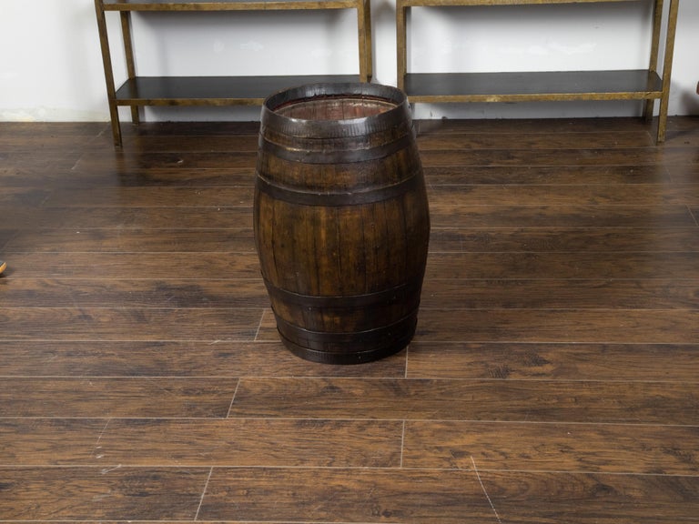 English Late 19th Century Oak Barrel with Iron Braces and Dark Patina ...