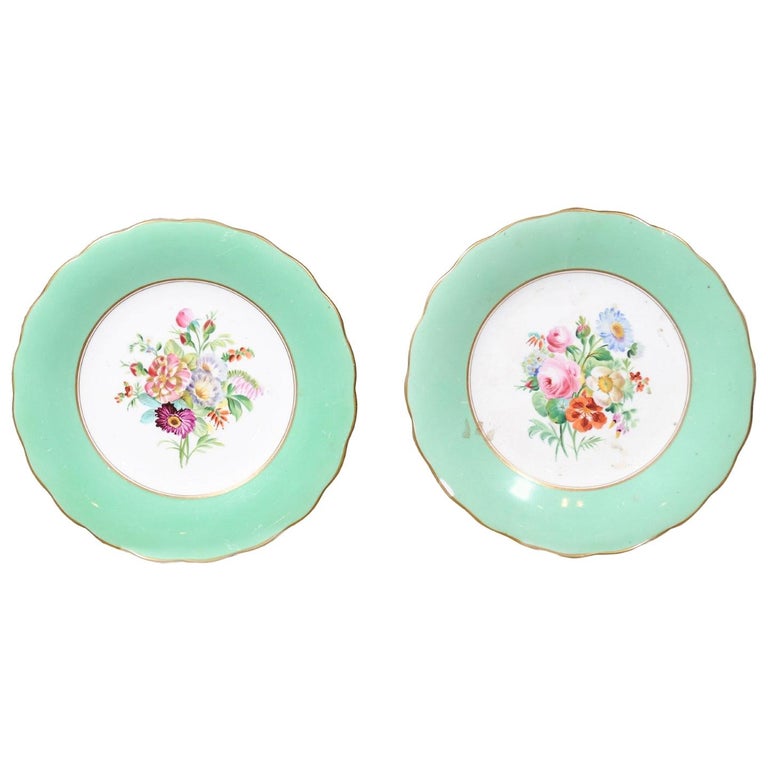 English Late 19th Century Plates with Colourful Floral Décor, Green and ...