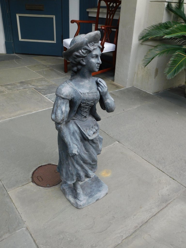 English Lead Figural Lady Garden Statue Standing on Squared Plinth ...