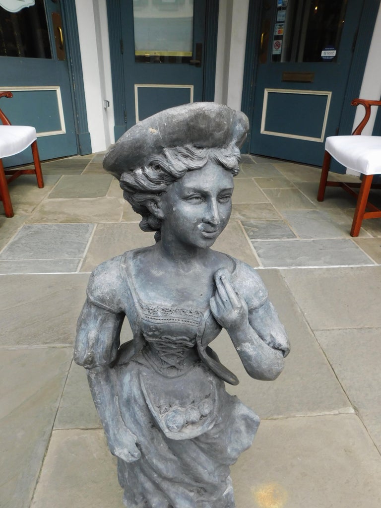 English Lead Figural Lady Garden Statue Standing on Squared Plinth ...