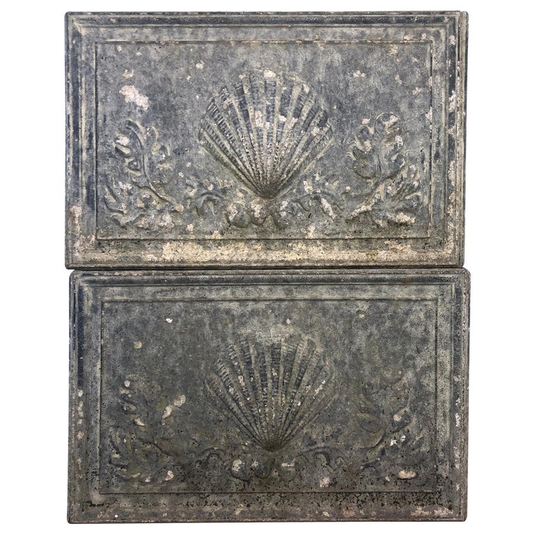 English Lead Grey Planters with Scallop Shell Motif, Pair at 1stDibs