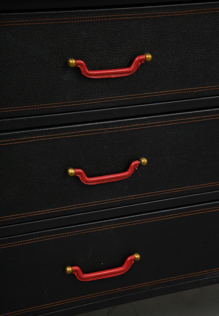 English Leather-Clad 3-Drawer Chest of Drawers with Red Handles at ...