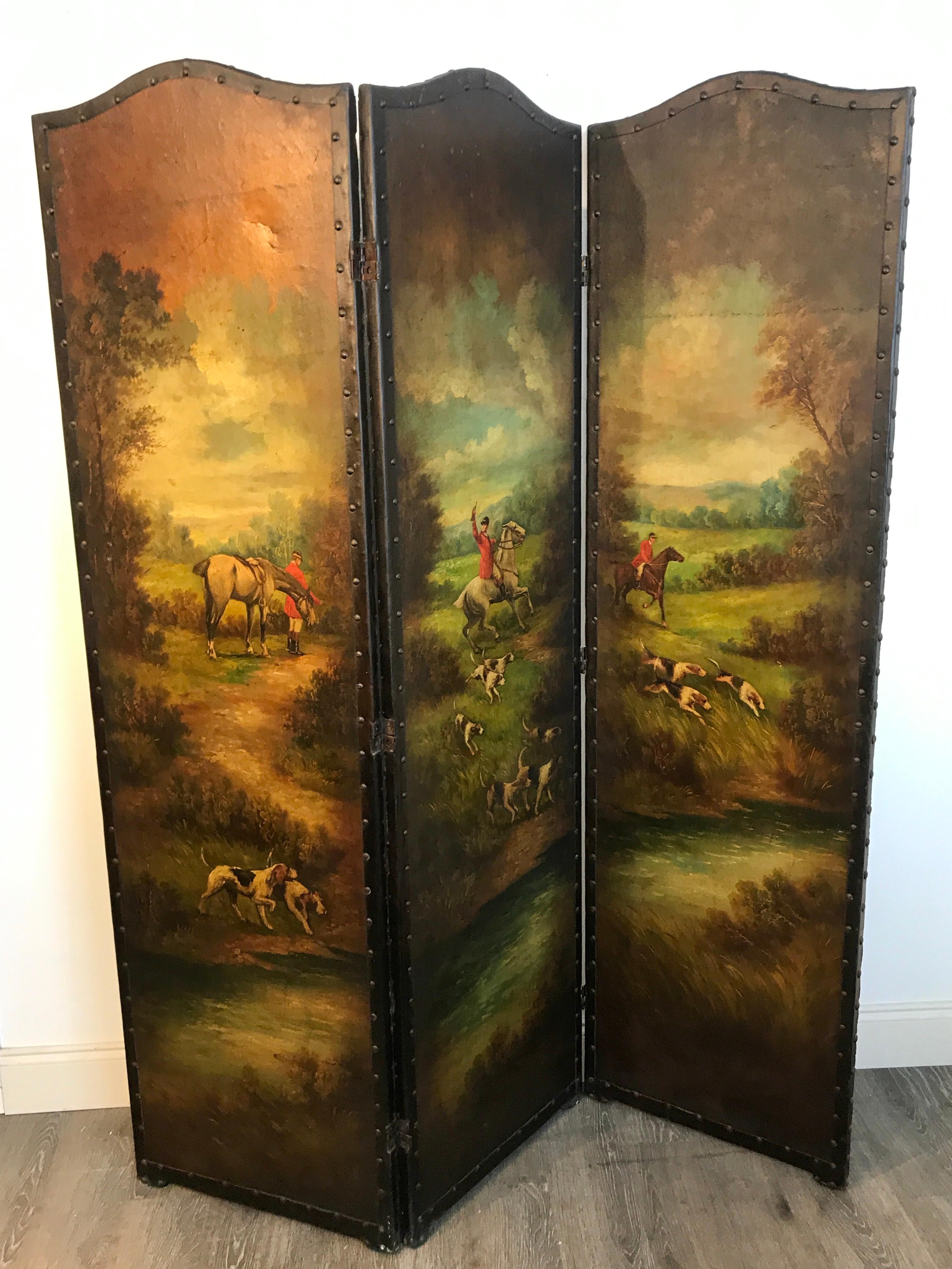 English Leather Hunting Scene Three Panel Screen at 1stDibs | hunting ...