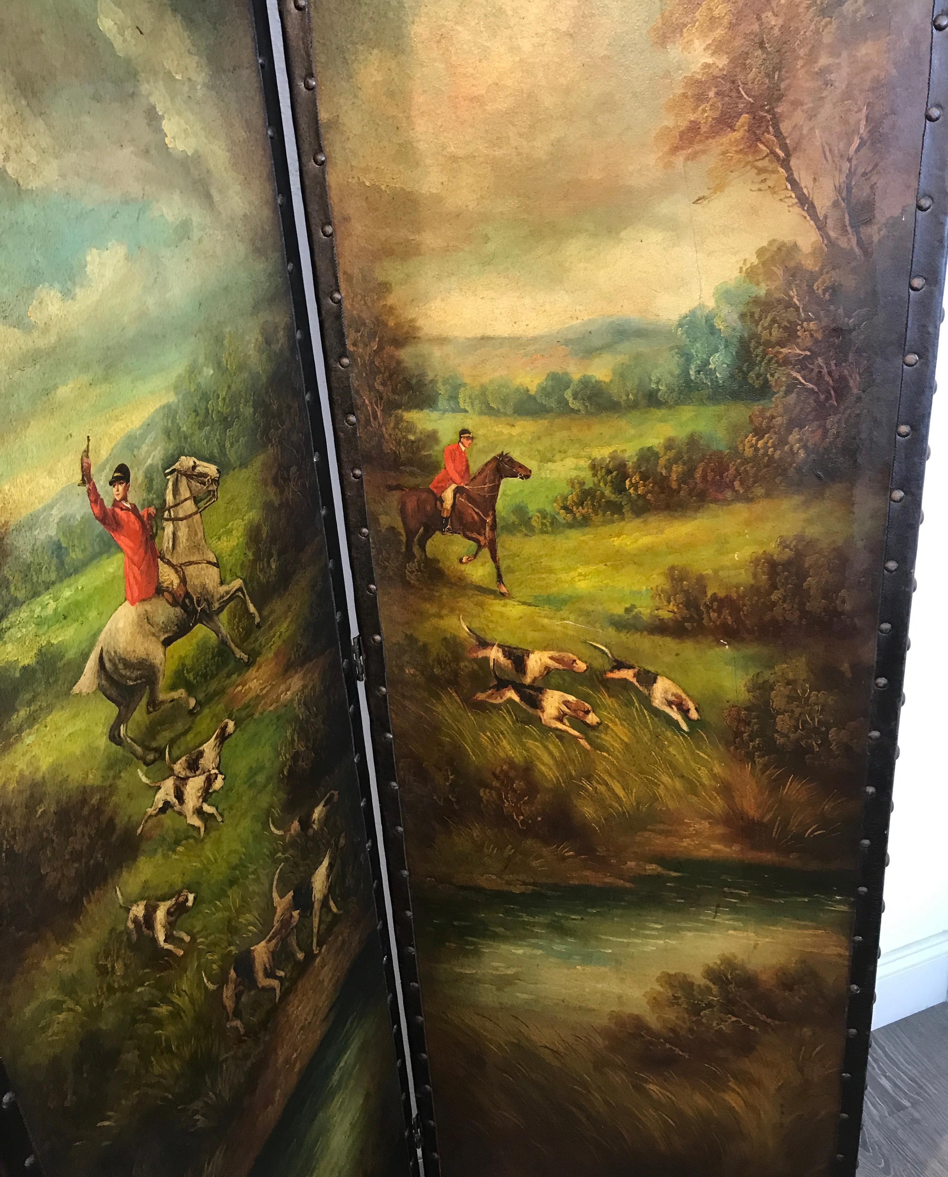 English Leather Hunting Scene Three Panel Screen at 1stDibs | hunting ...