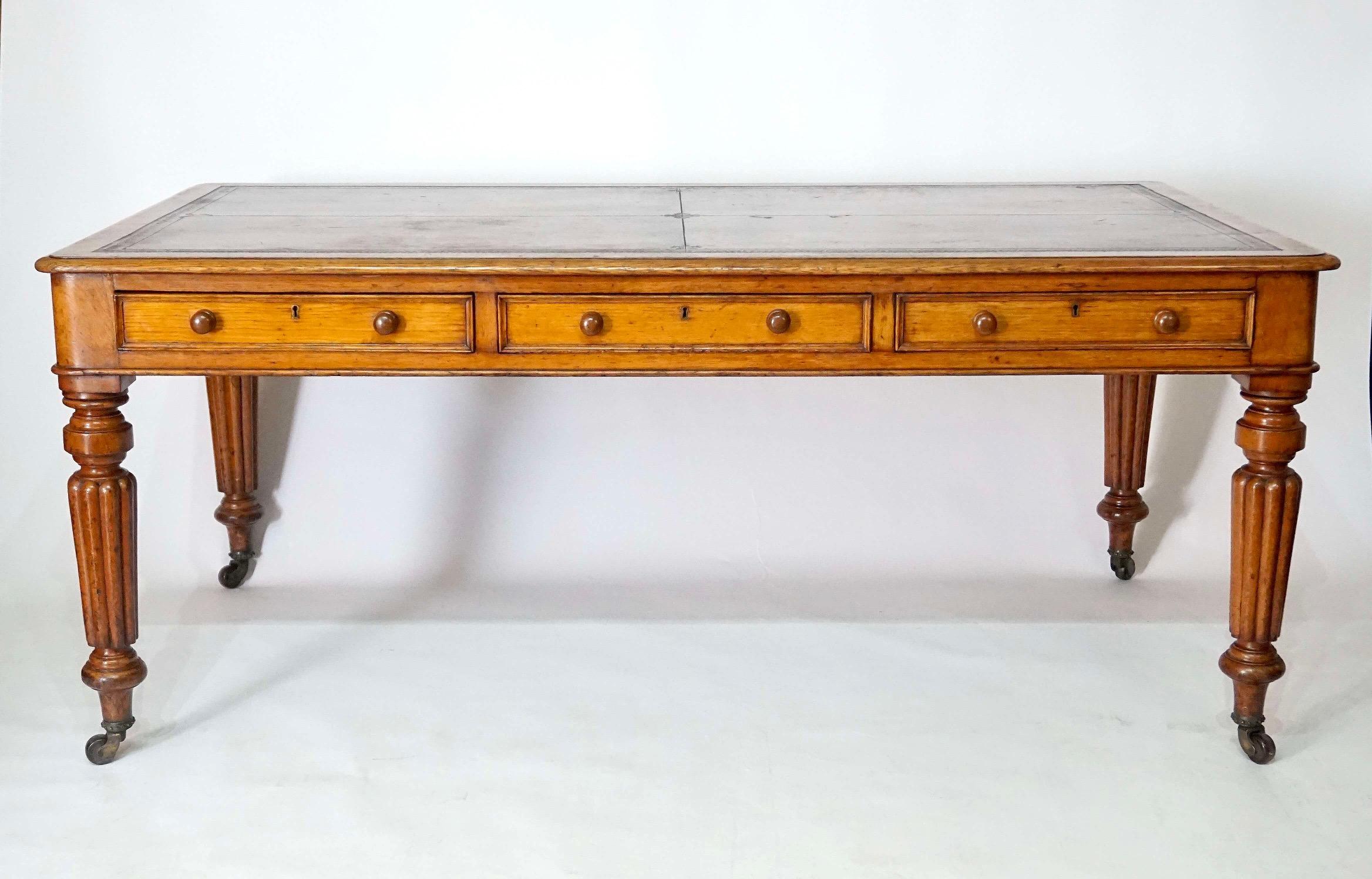 English Oak Dual Side Leather Top Library Table of Large Scale, circa ...