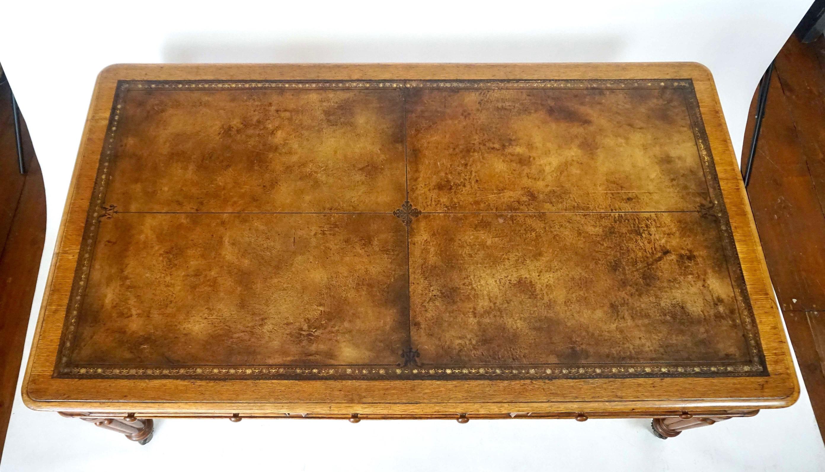 English Oak Dual Side Leather Top Library Table of Large Scale, circa ...