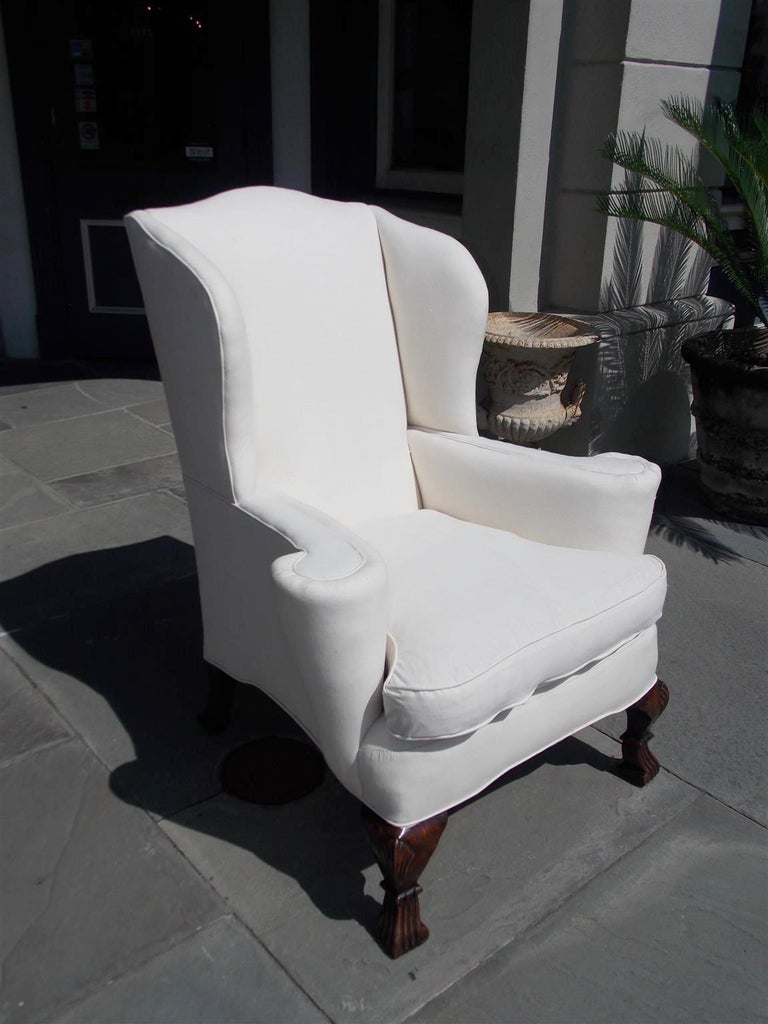 English Walnut Upholstered Wing Back Chair with Shell Knee and Spanish ...