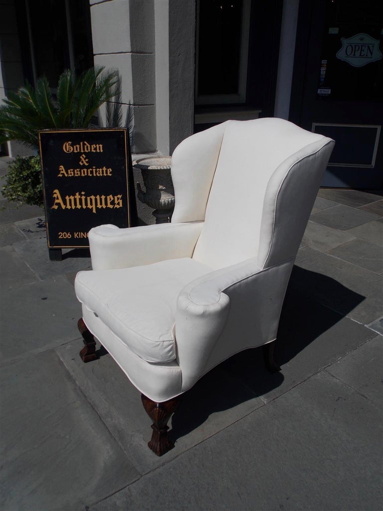English Walnut Upholstered Wing Back Chair with Shell Knee and Spanish ...