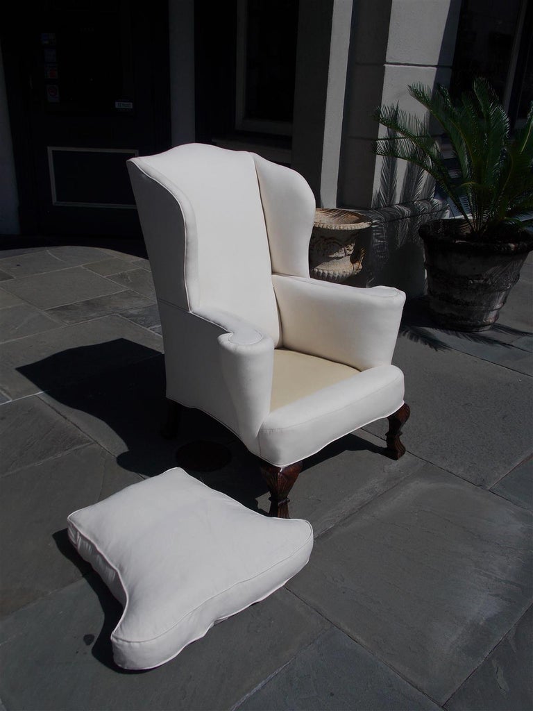 English Walnut Upholstered Wing Back Chair with Shell Knee and Spanish ...
