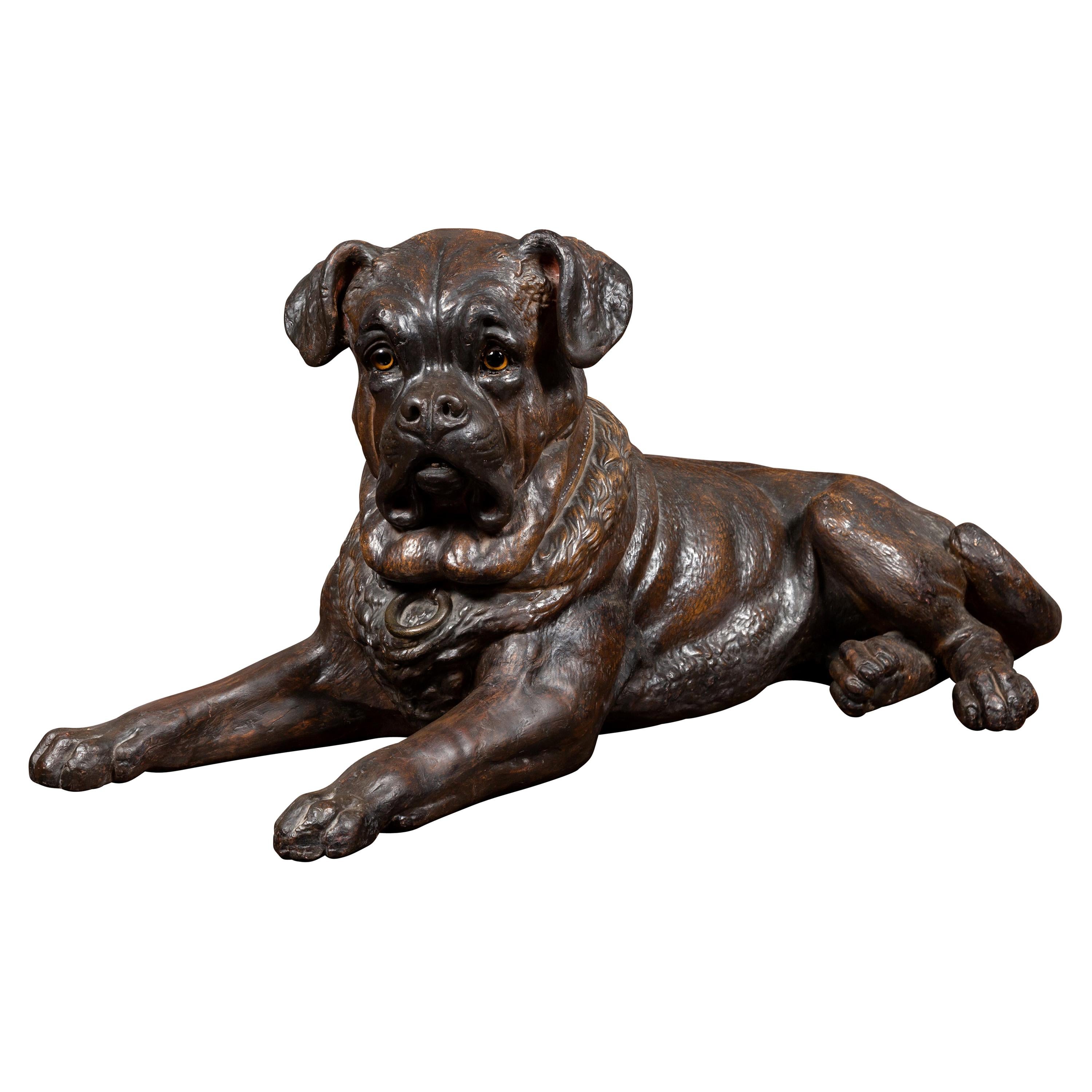 English Life-Size Terracotta Reclining Dog with Lively Expression ...