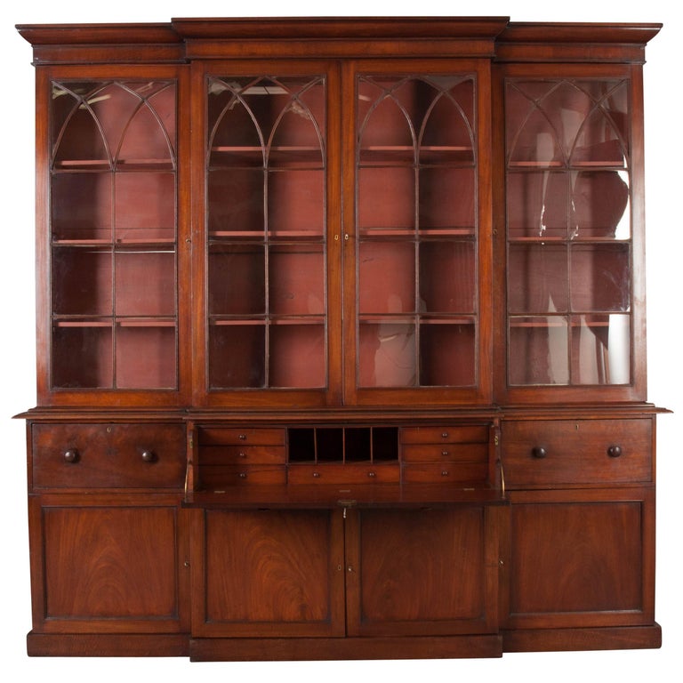 English Mahogany 19th Century Georgian Breakfront Bookcase Desk at 1stDibs