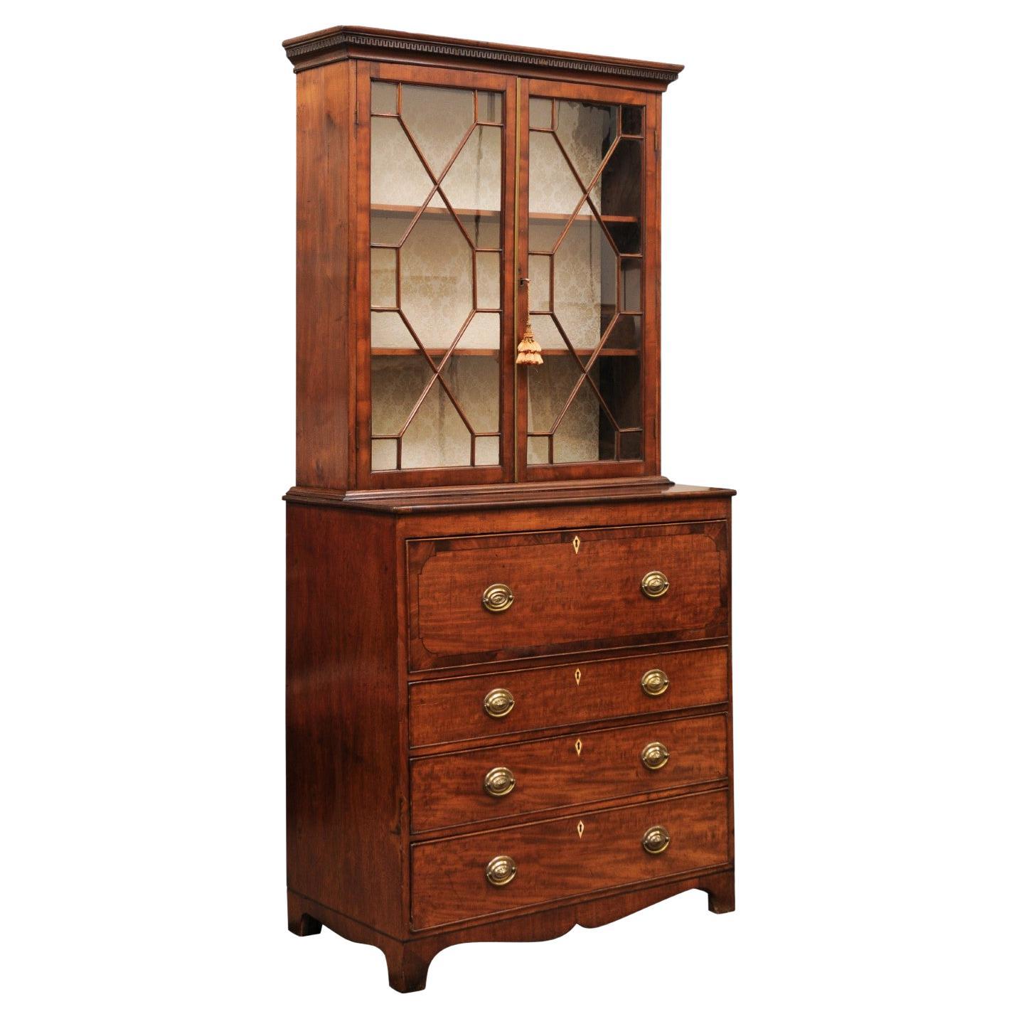 English Mahogany Secretary Bookcase with Dentil Molding, Crossbanding ...