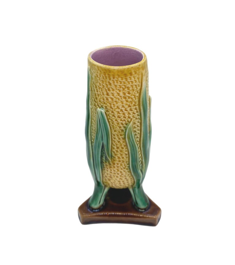 English Majolica Corn Vase Posy Holder in Yellow, Green, Pink, ca. 1875 ...