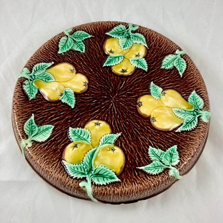 Adams and Bromley Majolica Branching Yellow Pears on Brown Bark Round ...