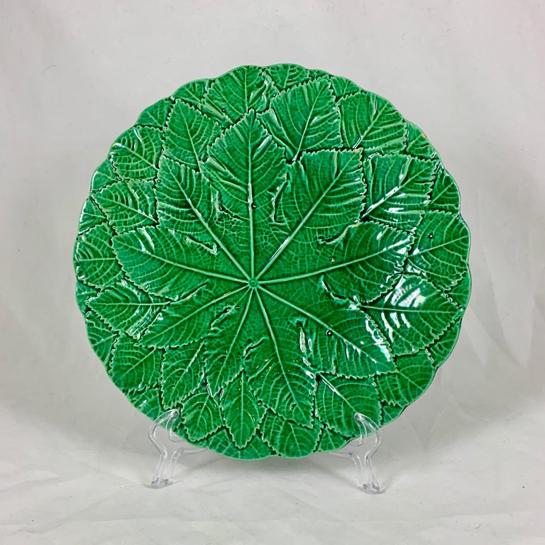 English Majolica Green Glazed Botanical Overlapping Leaf Plate, circa ...