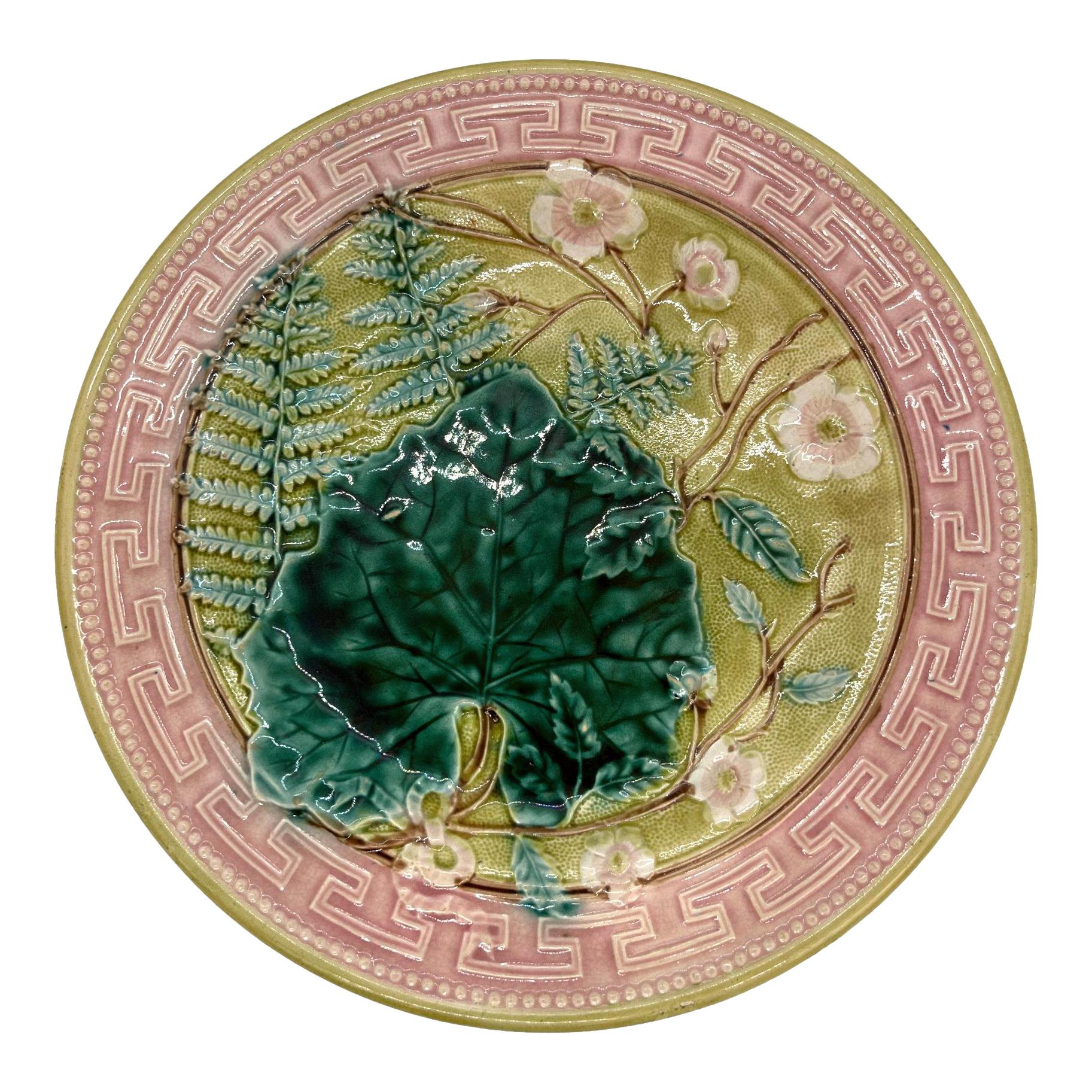 Majolica Leaf, Fern and Flowers Plate with Greek Key Boarder, Signed ...