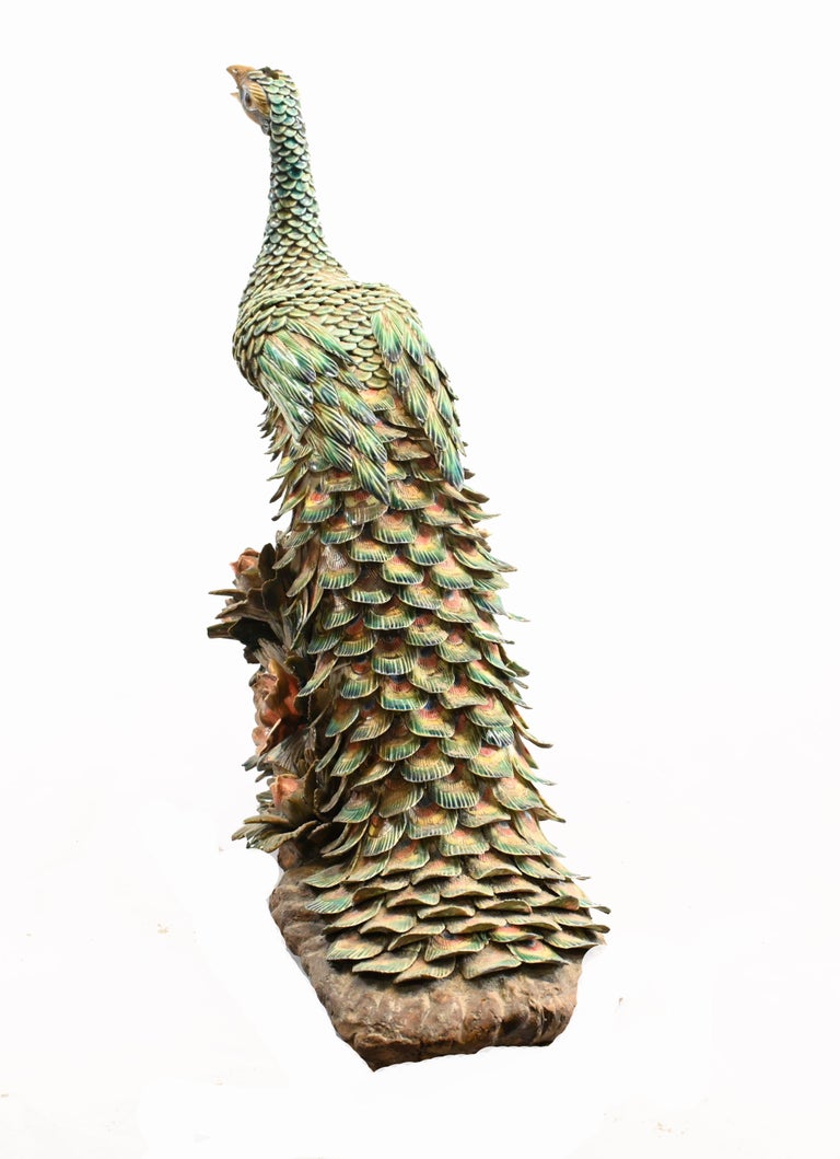 English Majolica Peacock Statue Pottery Antique, 1920 at 1stDibs