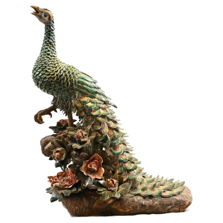 English Majolica Peacock Statue Pottery Antique, 1920 at 1stDibs