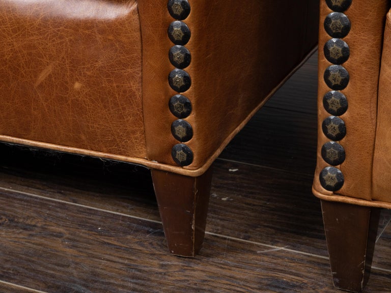 English Midcentury Brown Leather Club Chairs with Velvet Cushions and ...