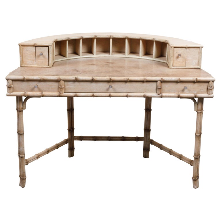 English Mid-Century Faux Bamboo Desk with Vellum Top and Semicircular ...