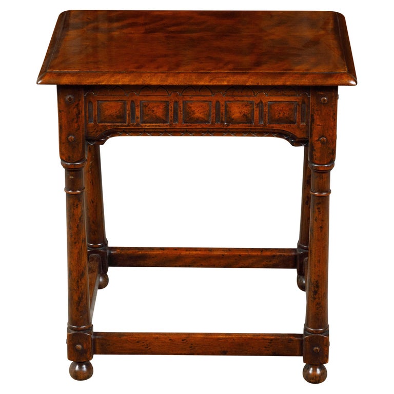 English Midcentury Oak Joint Stool with Carved Apron, Turned Legs and ...