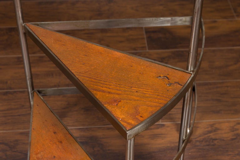 English Midcentury Steel and Oak Library Steps with Spiral Design and ...