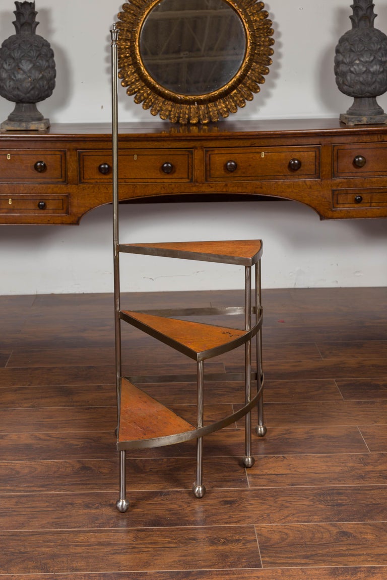 English Midcentury Steel and Oak Library Steps with Spiral Design and ...