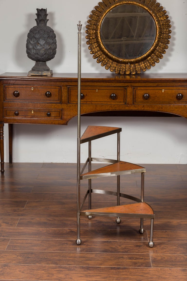 English Midcentury Steel and Oak Library Steps with Spiral Design and ...