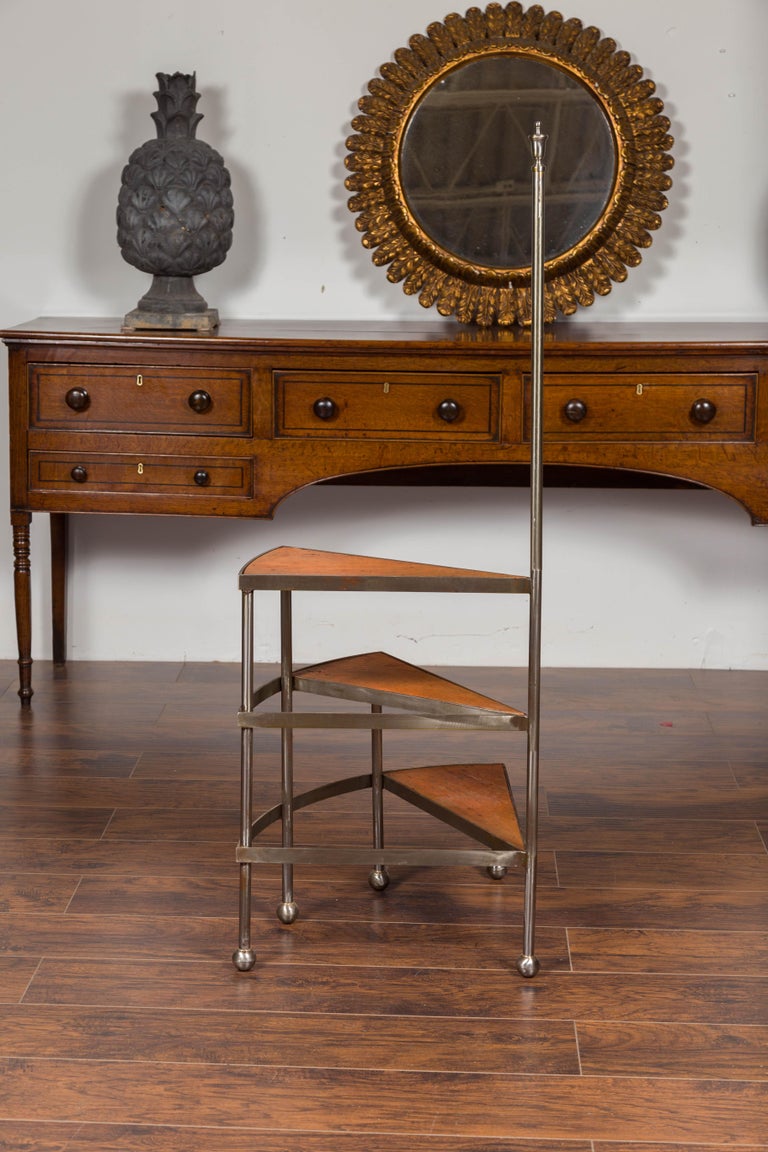 English Midcentury Steel and Oak Library Steps with Spiral Design and ...