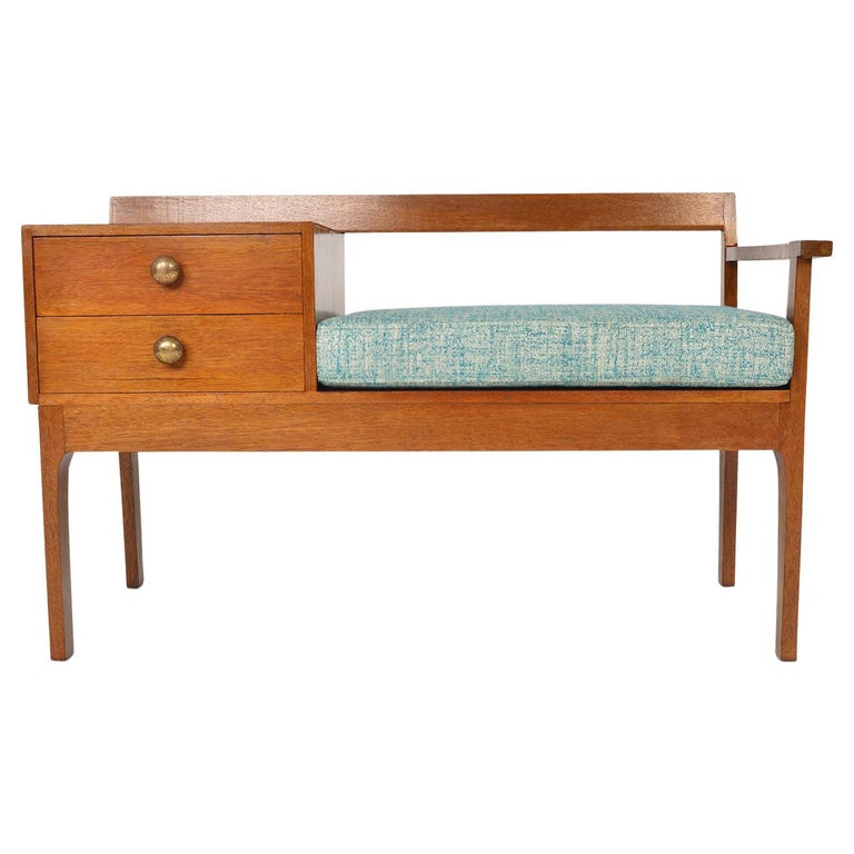 English Modern Teak Chippy Telephone Bench with Blue + White Seat For ...
