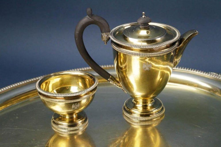 English Monumental Gilt Sterling Silver Tea Set w/ Tray, Cups and ...