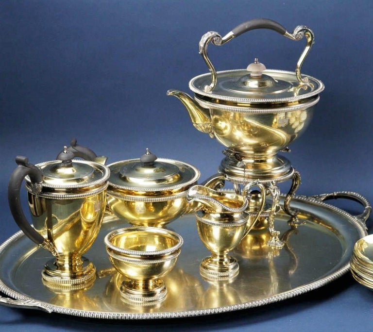 English Monumental Gilt Sterling Silver Tea Set w/ Tray, Cups and ...