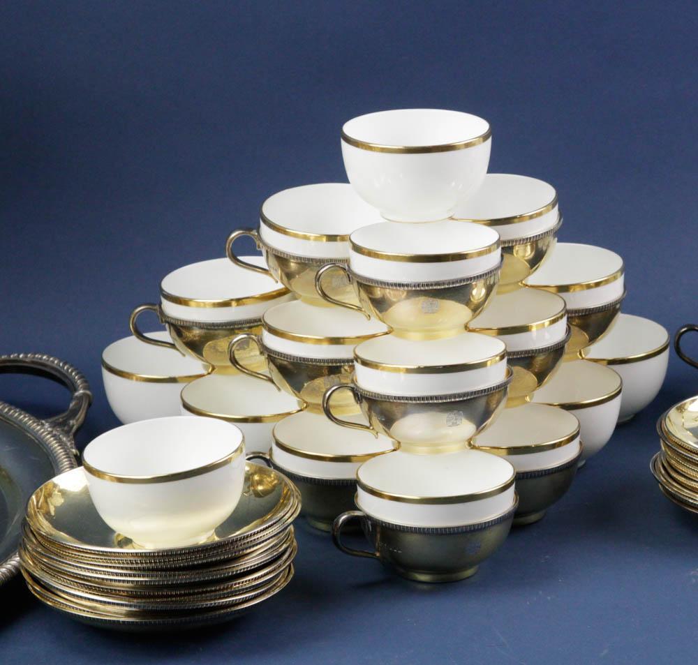 English Monumental Gilt Sterling Silver Tea Set w/ Tray, Cups and ...