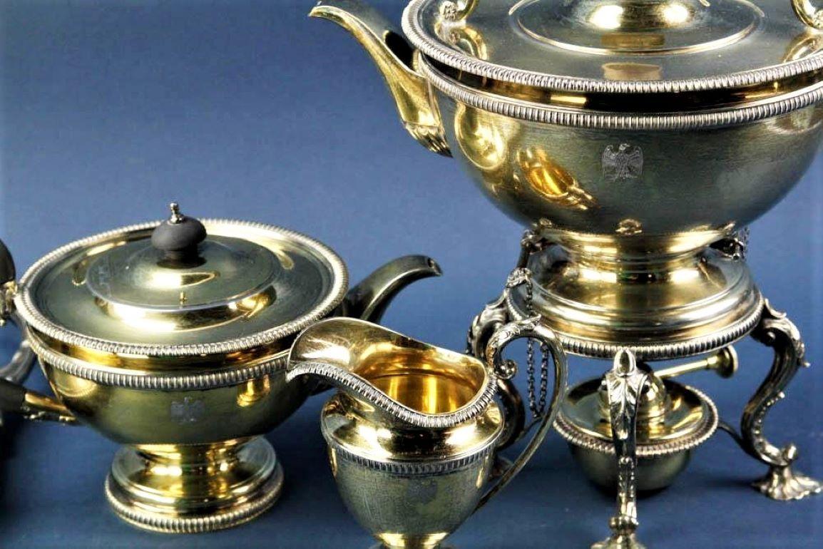 English Monumental Gilt Sterling Silver Tea Set w/ Tray, Cups and ...