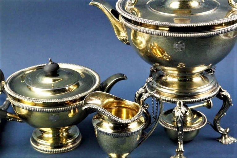 English Monumental Gilt Sterling Silver Tea Set w/ Tray, Cups and ...