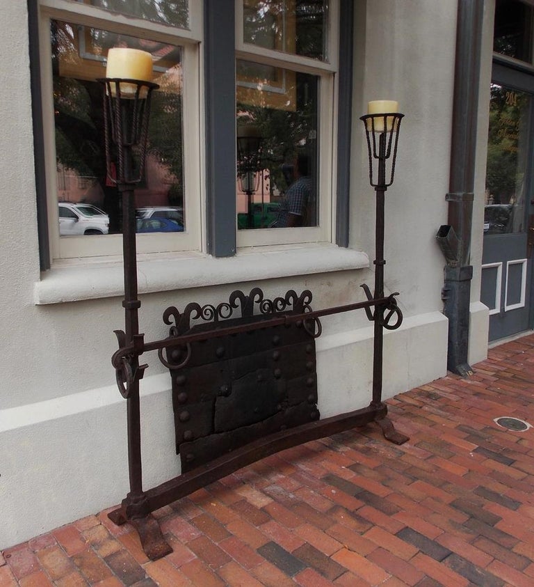 English Monumental Wrought Iron Fire Guard with Decorative Fire Back ...