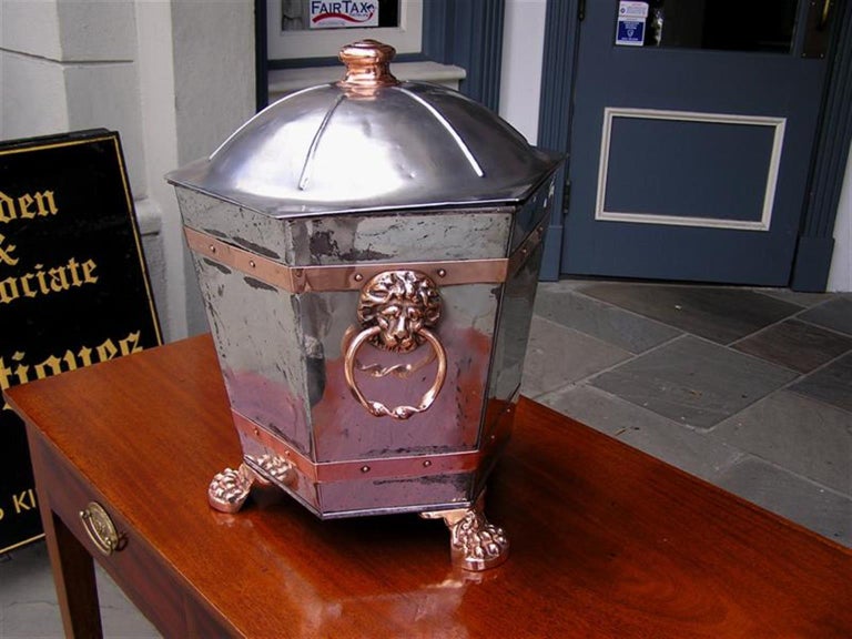 English Hexagon Dome Lid Nickel Silver and Copper Coal Hod with Liner ...