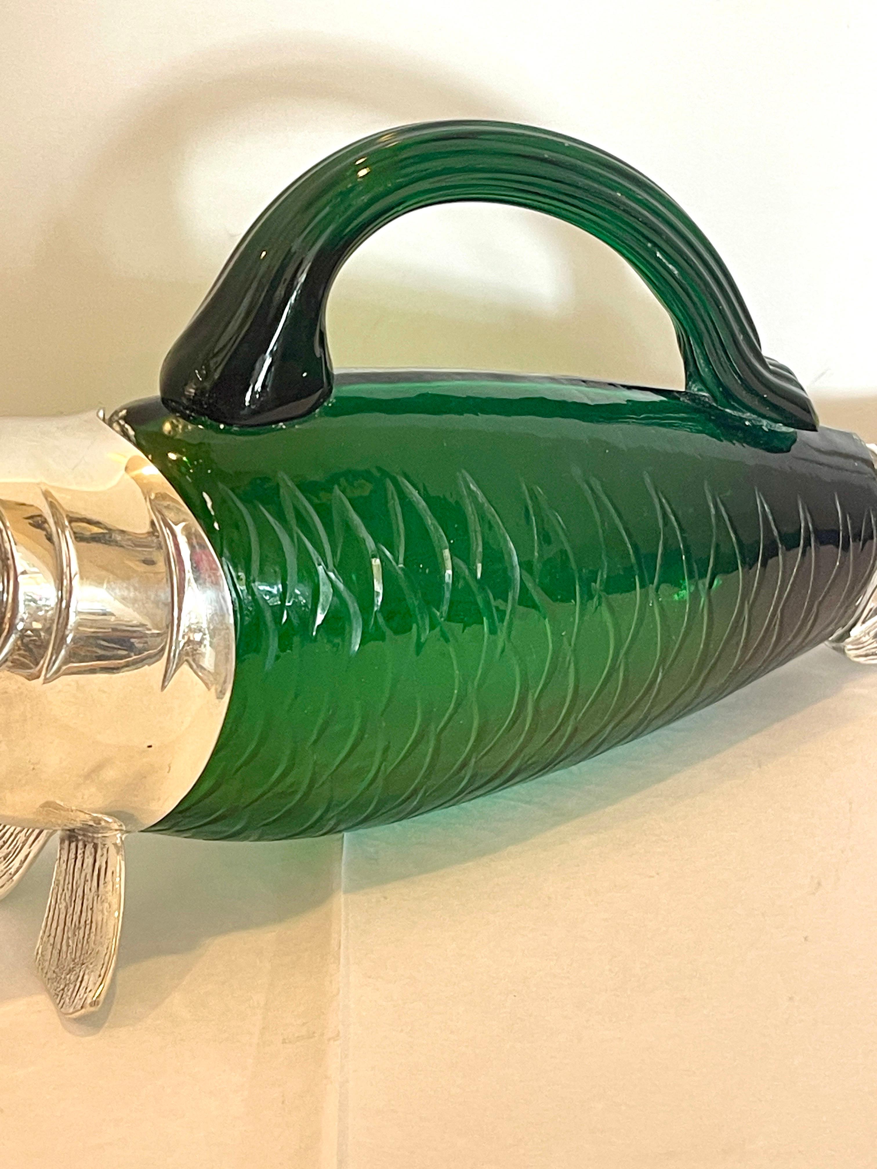 English Novelty Silver Plate and Emerald Green Glass Fish Claret Jug ...