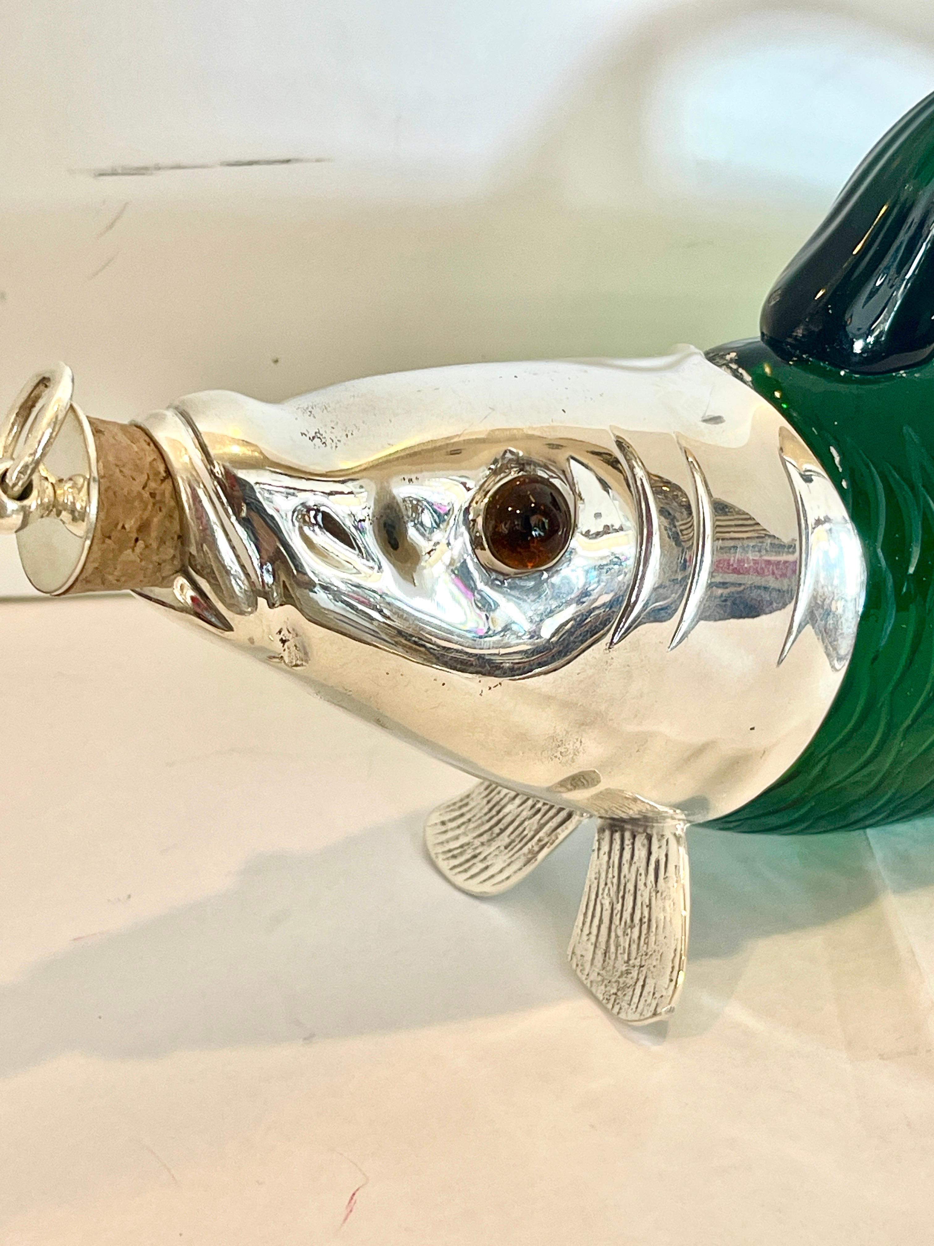 English Novelty Silver Plate and Emerald Green Glass Fish Claret Jug ...