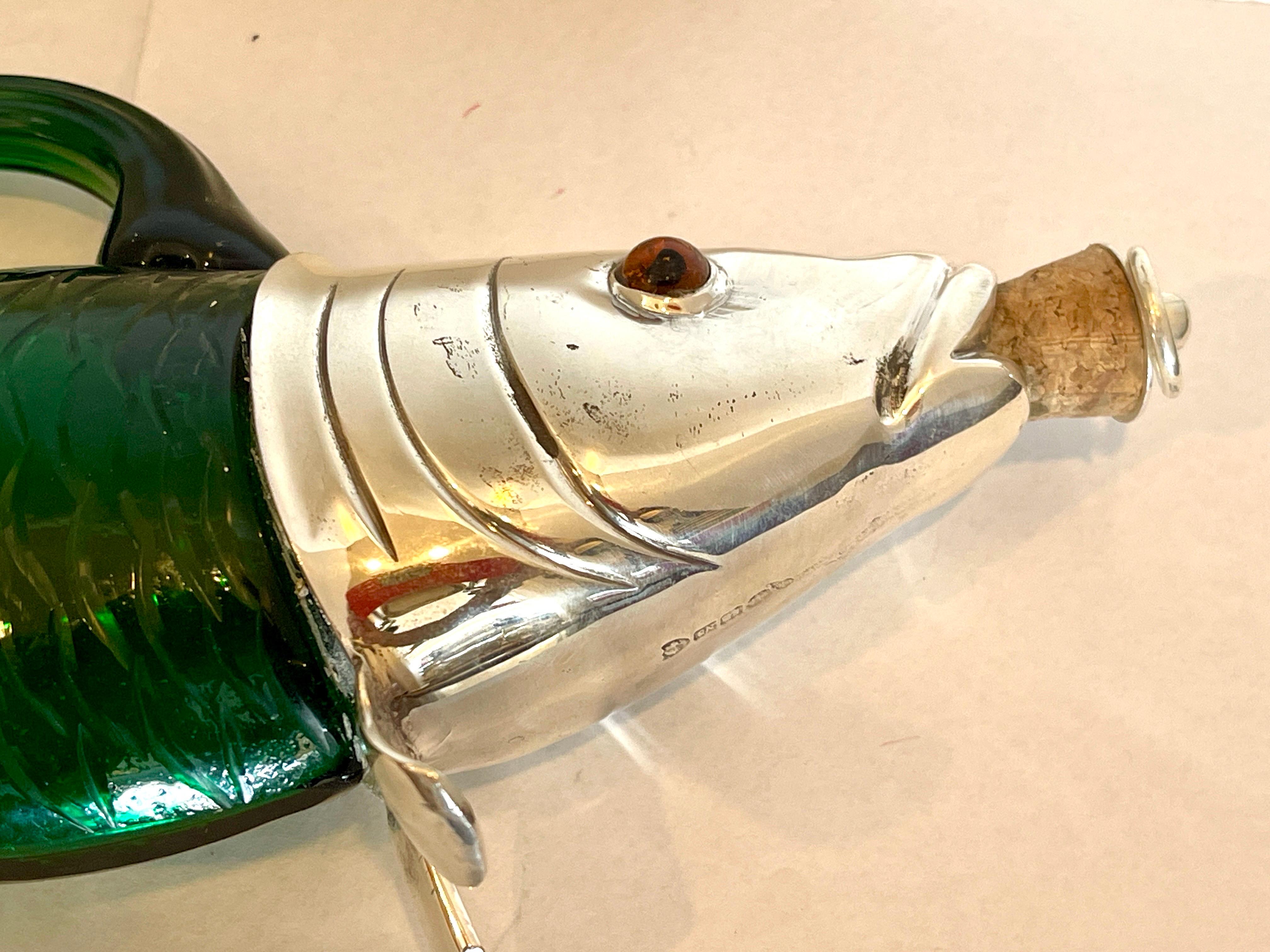 English Novelty Silver Plate and Emerald Green Glass Fish Claret Jug ...