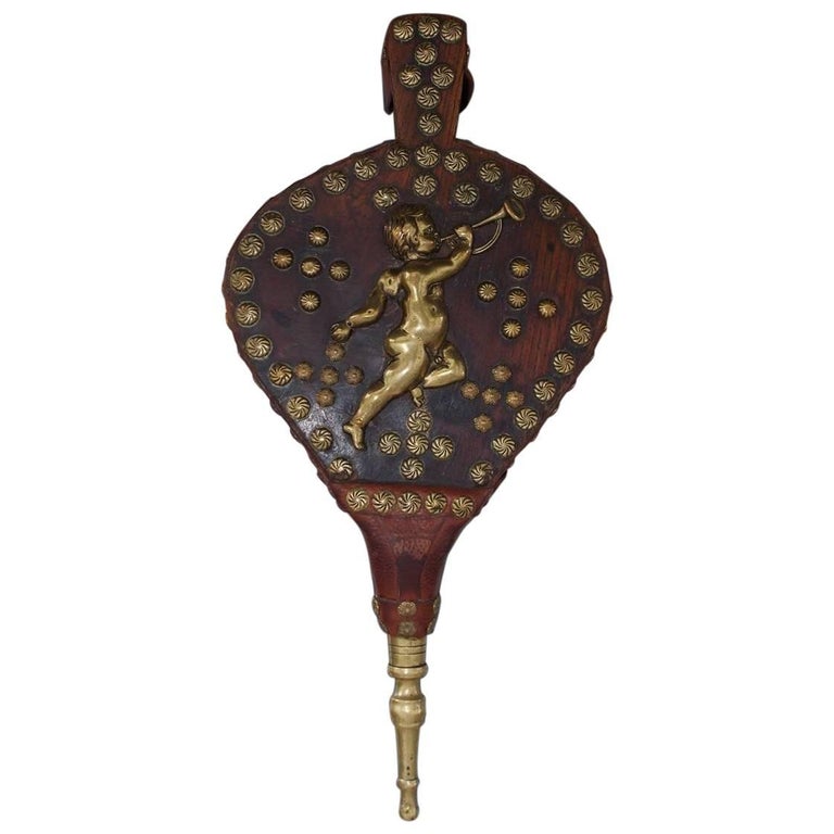 English Oak and Brass Trumpeted Cherub Leather Bellow, Circa 1830 For ...