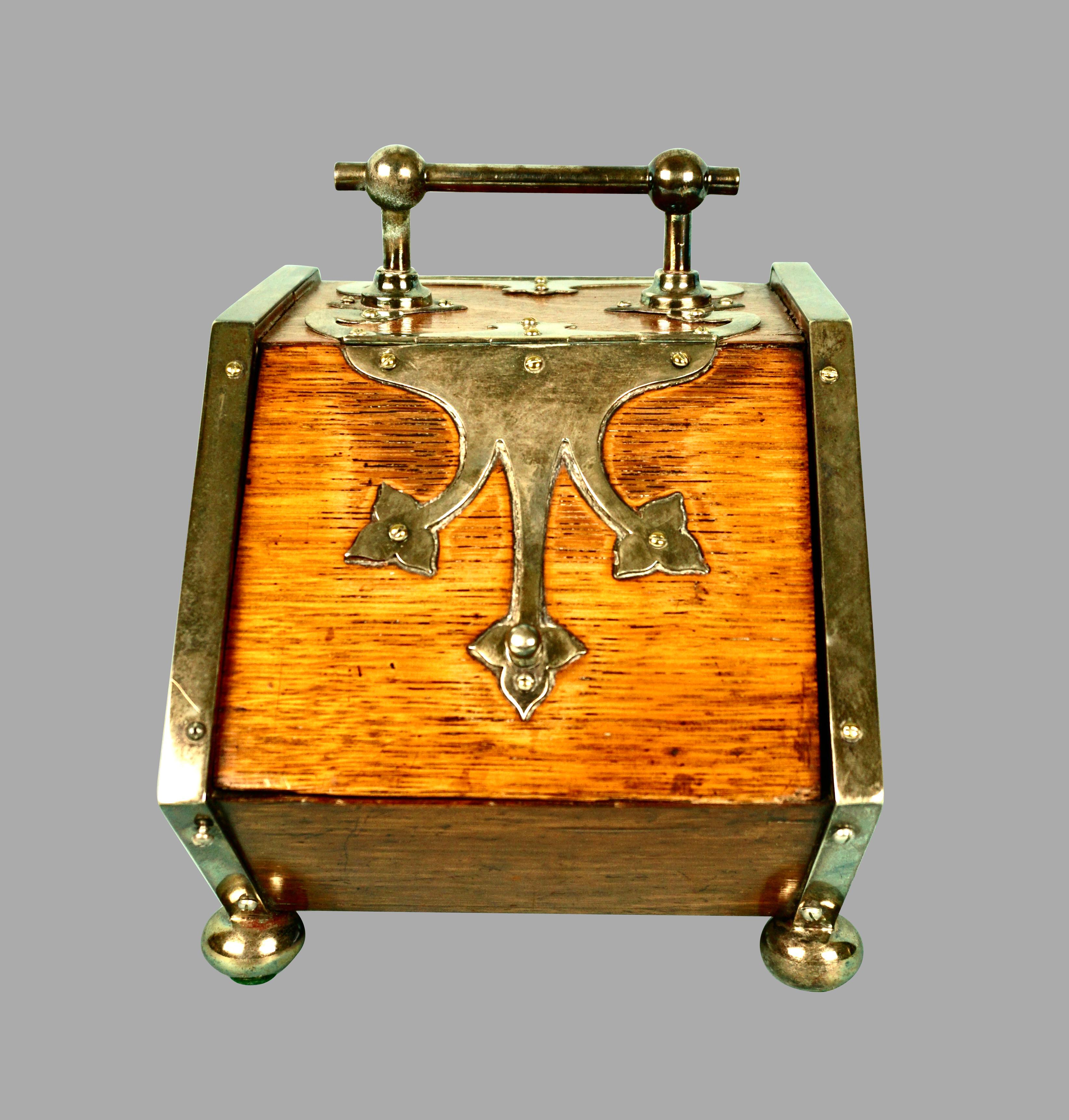English Oak and Silver Plate Biscuit Box in the Form of a Coal Scuttle ...