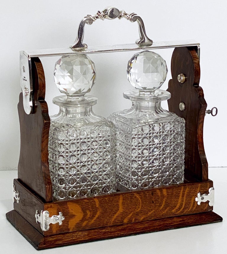 English Oak and Silver Tantalus or Decanter Drinks Set by Betjemann's ...