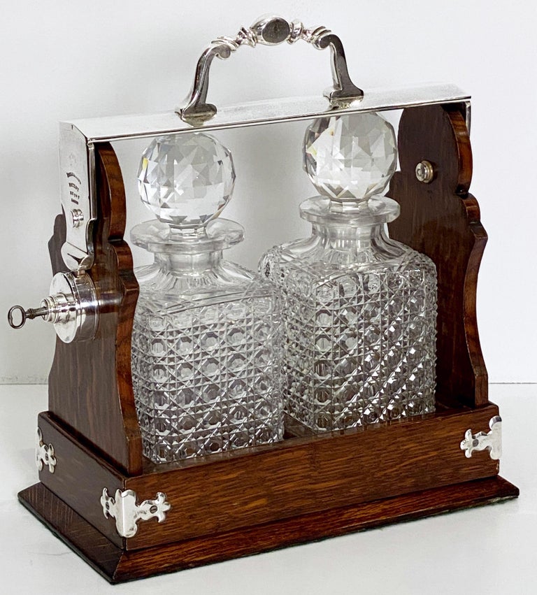 English Oak and Silver Tantalus or Decanter Drinks Set by Betjemann's ...