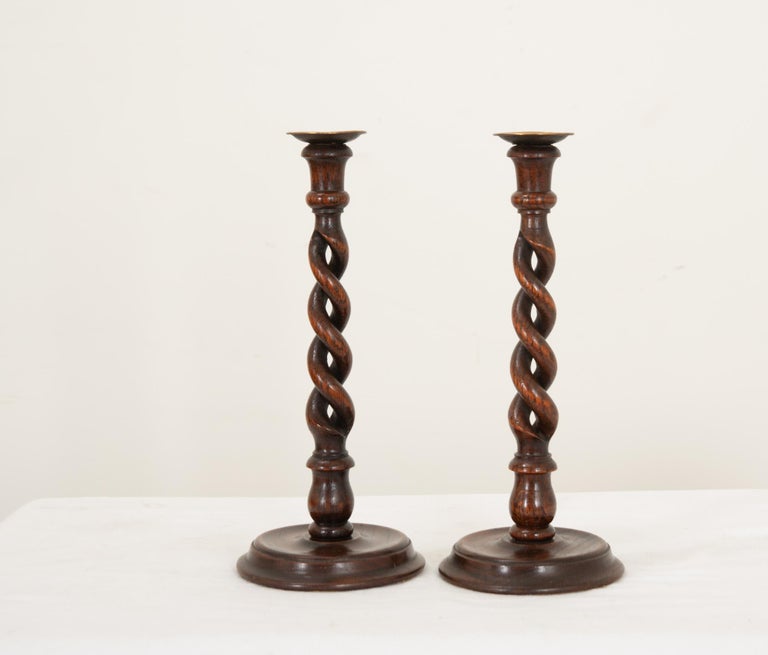 English Oak Barley Twist Candlesticks For Sale at 1stDibs