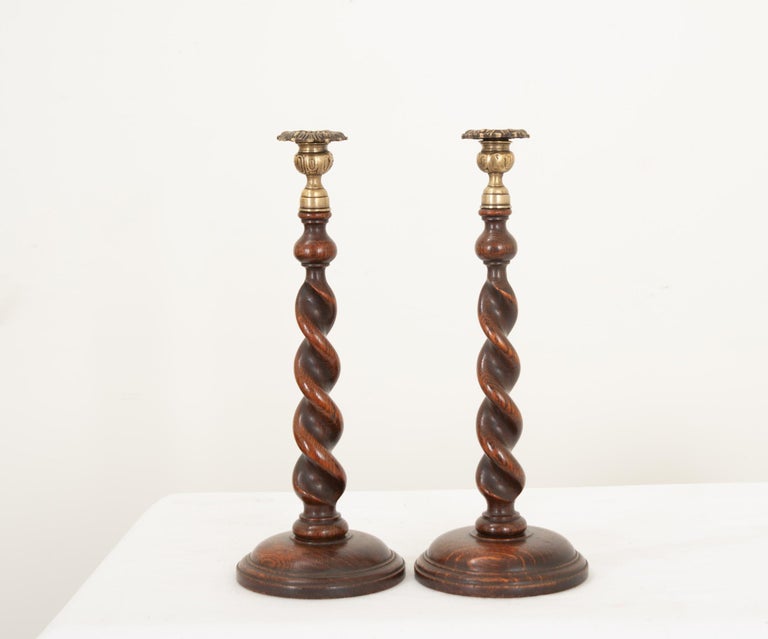 English Oak Barley Twist Candlesticks For Sale at 1stDibs