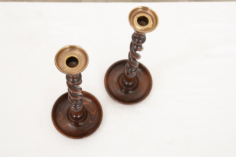 English Oak Barley Twist Candlesticks For Sale at 1stDibs