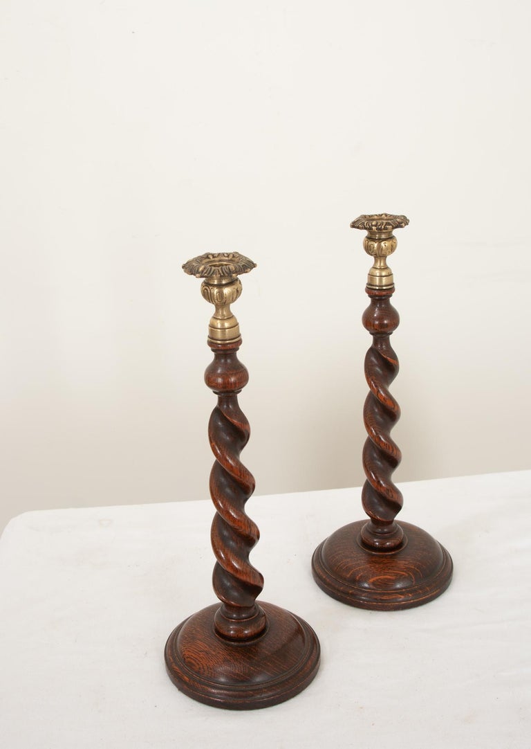 English Oak Barley Twist Candlesticks For Sale at 1stDibs