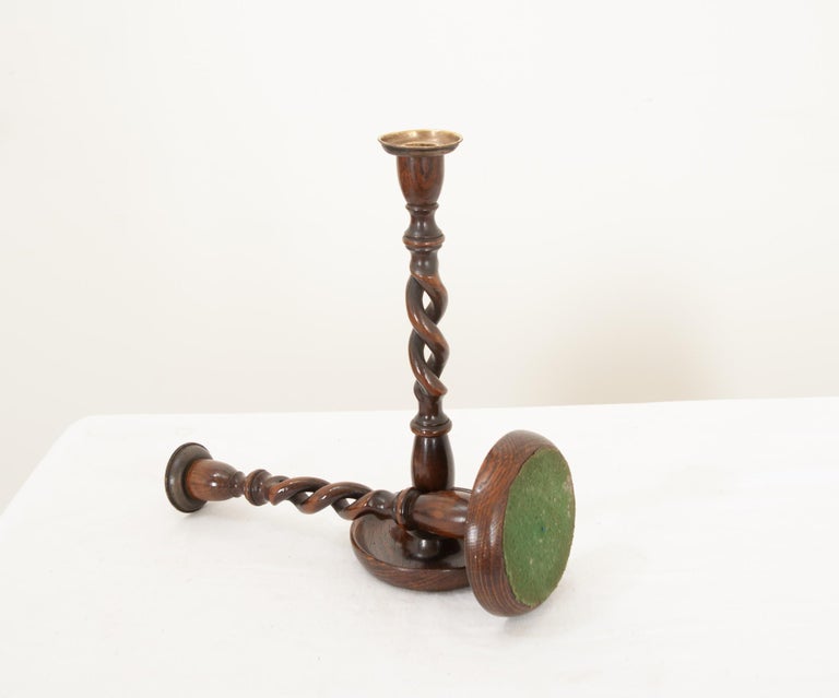 English Oak Barley Twist Candlesticks For Sale at 1stDibs