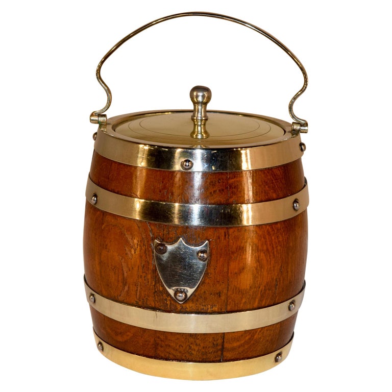 English Oak Silver Plated Biscuit Barrel, circa 1900 at 1stDibs